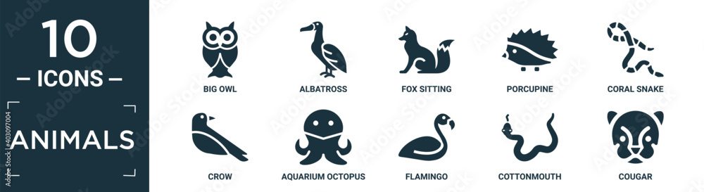 filled animals icon set. contain flat big owl, albatross, fox sitting ...
