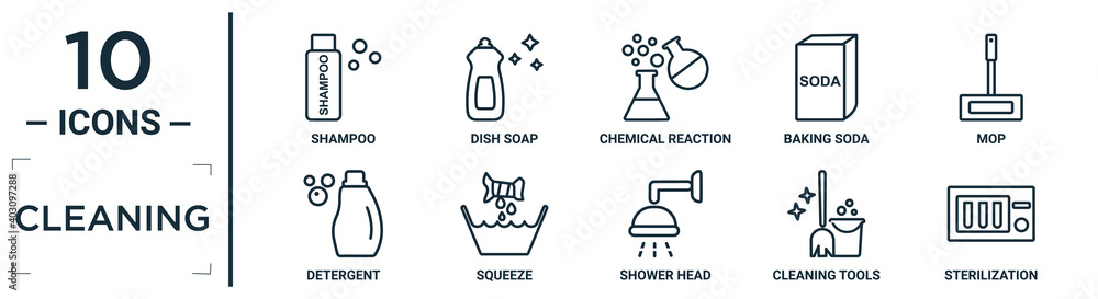 cleaning linear icon set. includes thin line shampoo, chemical reaction ...