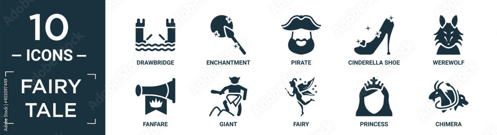 filled fairy tale icon set. contain flat drawbridge, enchantment ...