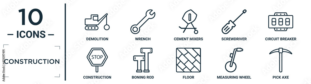 construction linear icon set. includes thin line demolition, cement ...