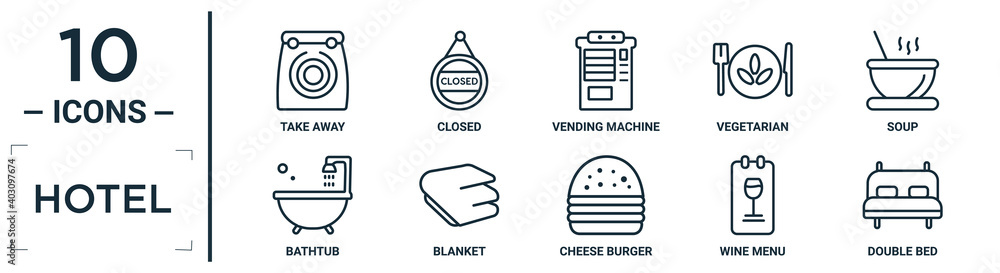 hotel linear icon set. includes thin line take away, vending machine ...