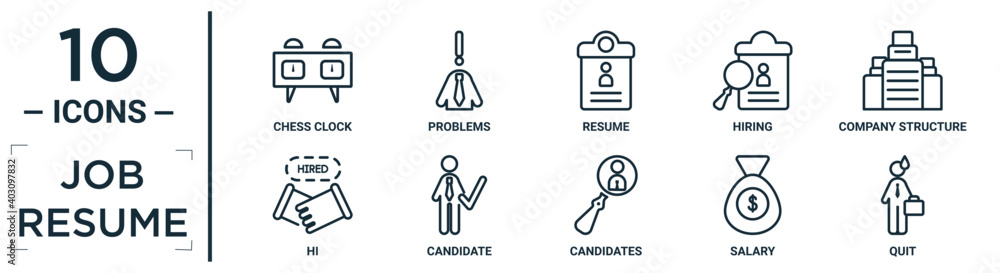 job.resume linear icon set. includes thin line chess clock, resume ...