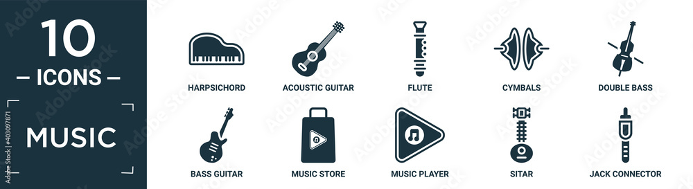 filled music icon set. contain flat harpsichord, acoustic guitar, flute ...
