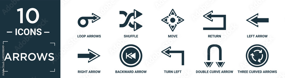 filled arrows icon set. contain flat loop arrows, shuffle, move, return ...