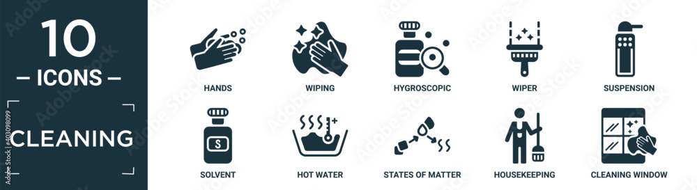 filled cleaning icon set. contain flat hands, wiping, hygroscopic ...