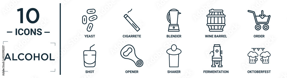 alcohol linear icon set. includes thin line yeast, blender, order ...