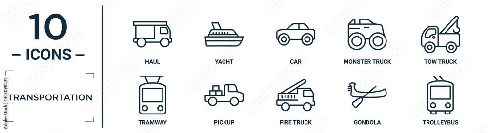 transportation linear icon set. includes thin line haul, car, tow truck ...