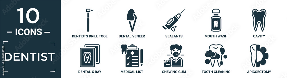 filled dentist icon set. contain flat dentists drill tool, dental ...