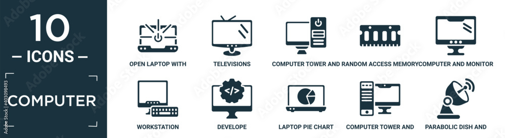 filled computer icon set. contain flat open laptop with shining screen ...