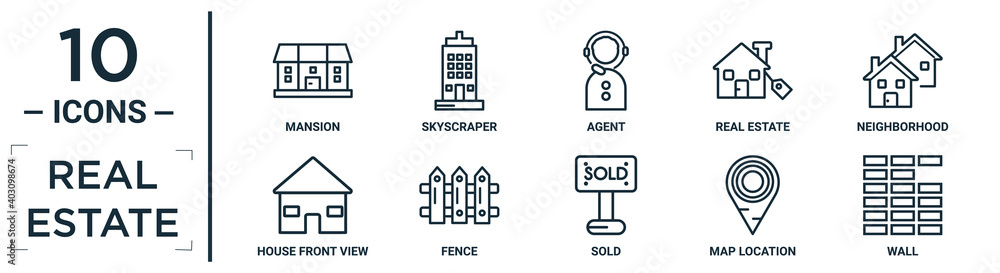 real.estate linear icon set. includes thin line mansion, agent ...