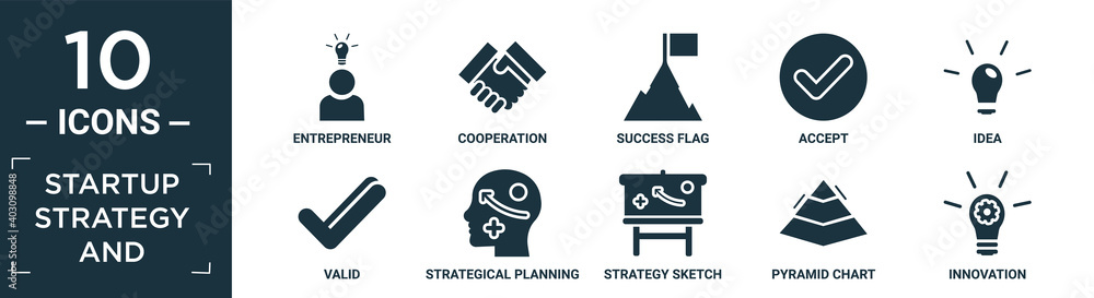 filled startup strategy and icon set. contain flat entrepreneur ...
