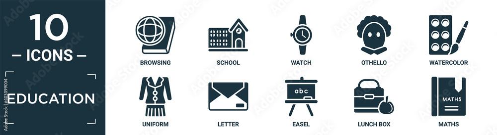 filled education icon set. contain flat browsing, school, watch ...