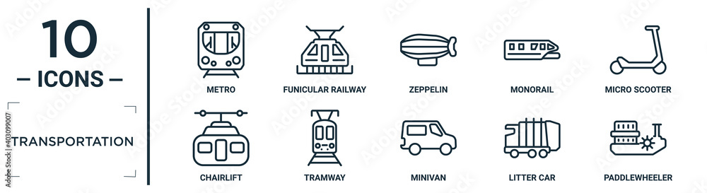 transportation linear icon set. includes thin line metro, zeppelin ...