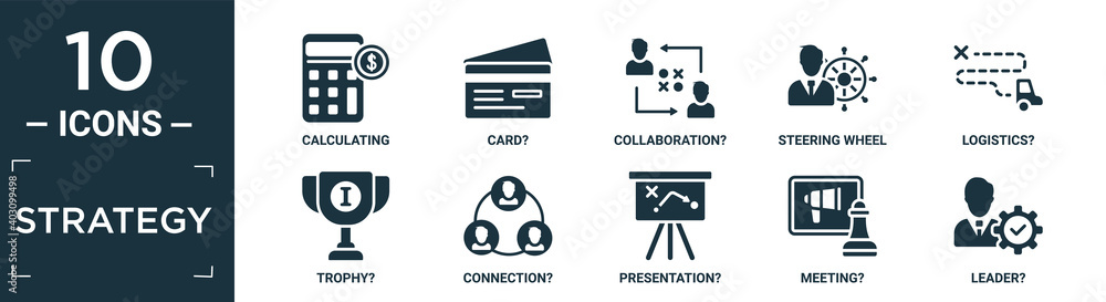 filled strategy icon set. contain flat calculating, card ...