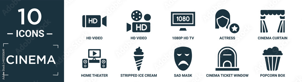 filled cinema icon set. contain flat hd video, hd video, 1080p hd tv ...