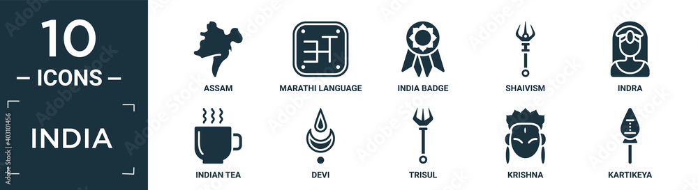 filled india icon set. contain flat assam, marathi language, india ...