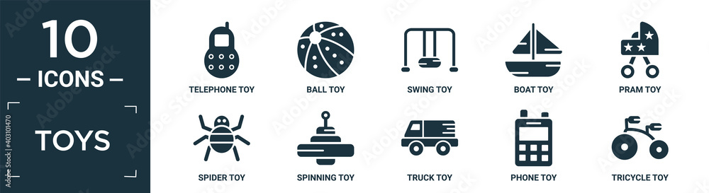 filled toys icon set. contain flat telephone toy, ball toy, swing toy ...