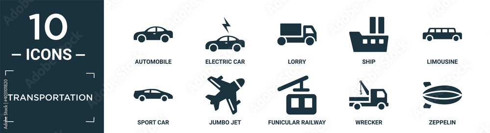 filled transportation icon set. contain flat automobile, electric car ...