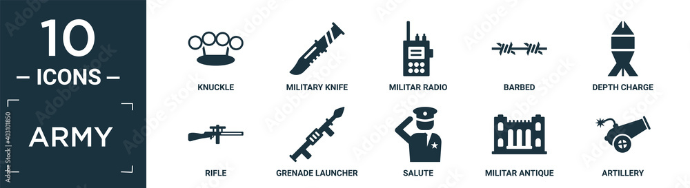 Vetor de filled army icon set. contain flat knuckle, military knife ...