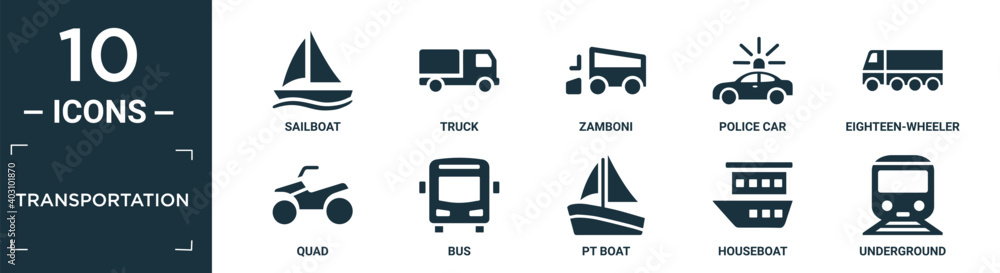 filled transportation icon set. contain flat sailboat, truck, zamboni ...