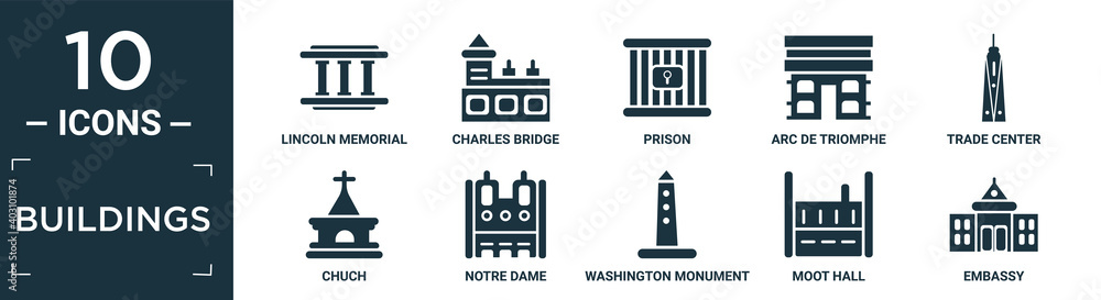 filled buildings icon set. contain flat lincoln memorial, charles ...