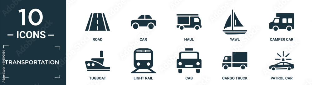 filled transportation icon set. contain flat road, car, haul, yawl ...