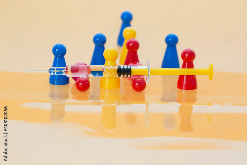 Mass vaccination of people against COVID-19 concept. Group of red, blue ...