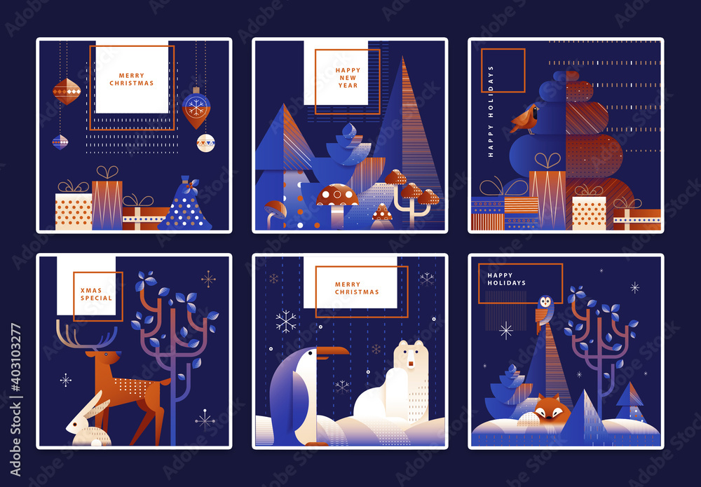 Square Christmas Greeting Card Layout with Forest Animals Stock ...
