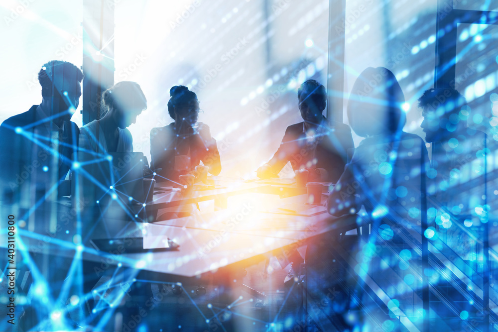 Background concept with business people silhouette at work. Double ...