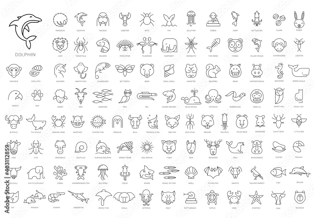 Domestic and Wild Animals Line Icon Set Stock Template | Adobe Stock