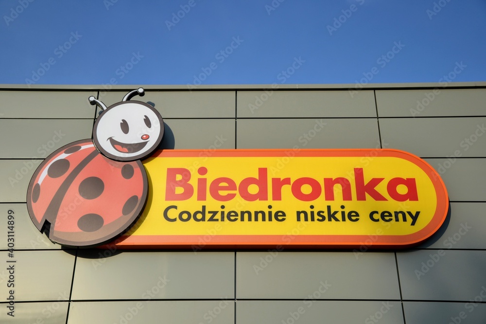 Sign Biedronka. Company signboard, logo Biedronka. This is a ...