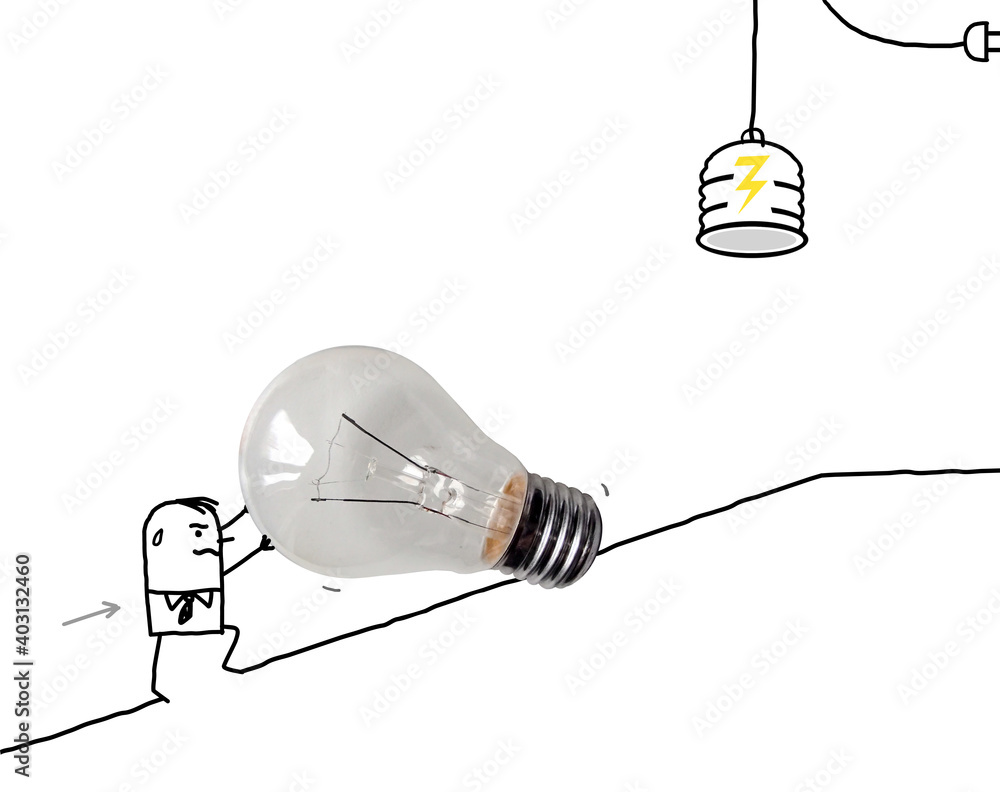 Cartoon Business Man Pushing Up a big gray Light Bulb to a Power Plug ...