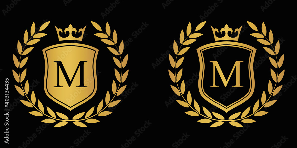 Letter M golden laurel wreath template logo Luxury shield letter with ...
