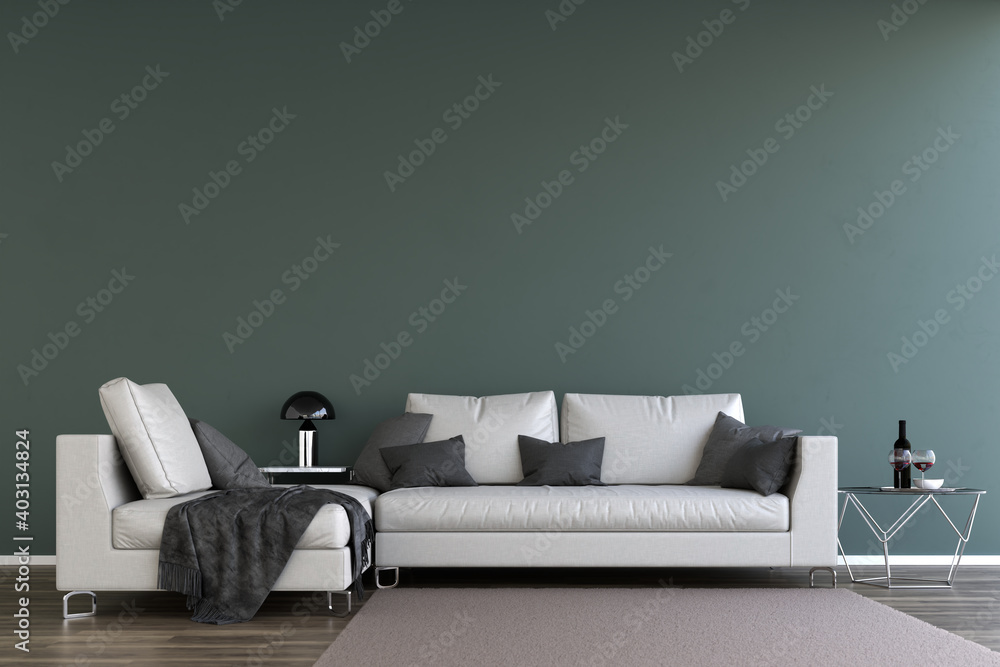 Modern loft style apartment with large floor-to-ceiling windows. Sofa ...