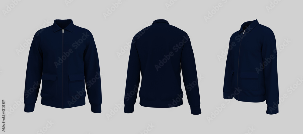 Harrington jacket mockup front, side and back views, 3d illustration ...