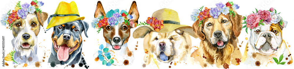 Border from watercolor portraits of dogs for decoration Stock ...