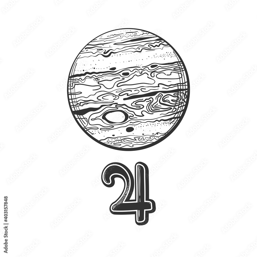 Planet Jupiter with astrological sign, linear hand drawing isolated on ...