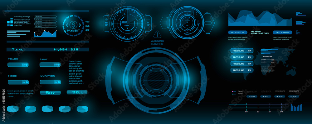 Interface HUD, GUI. Modern target auto-guidance system. Tilt scope ...