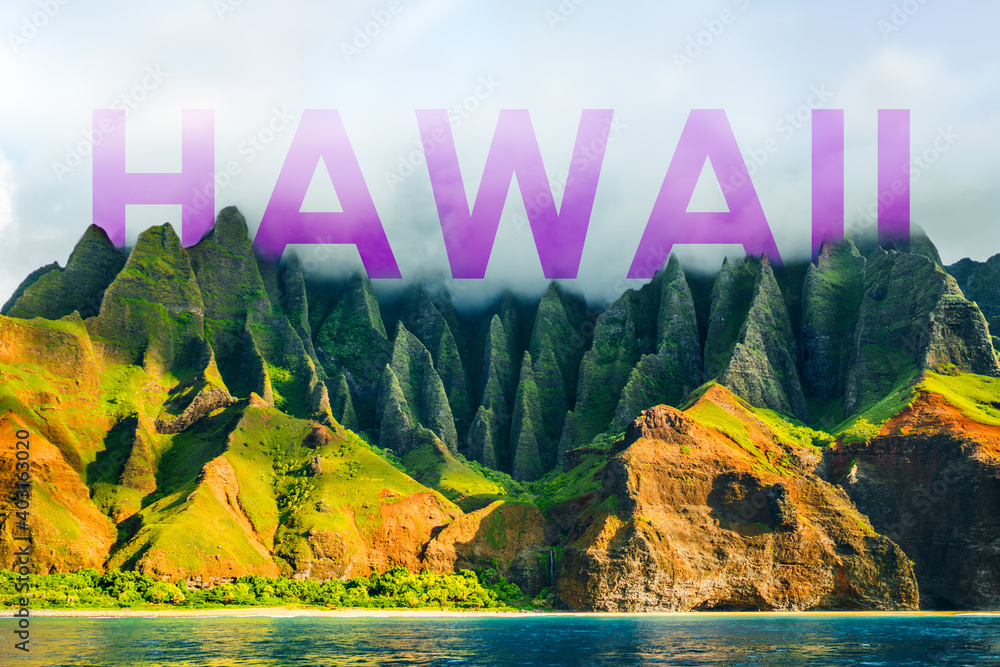 HAWAII title written over famous hiking or cruise tourist destination ...