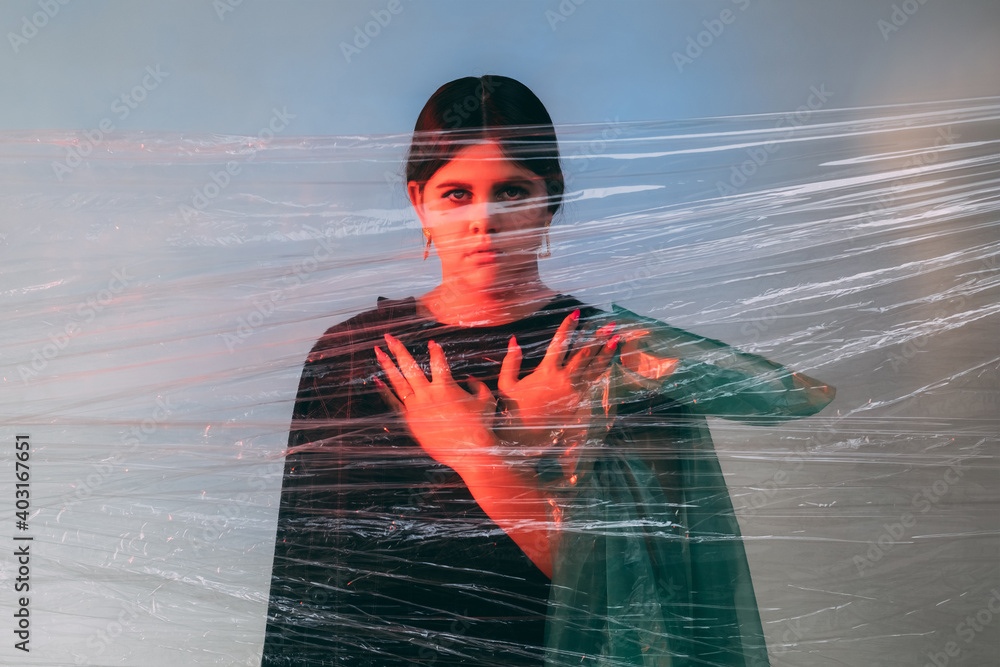 Woman protection. Defocused art portrait. Self isolation safety. Abuse ...