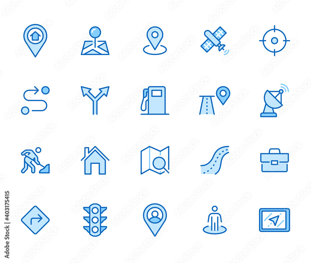Location line icon set. Gps, proximity, road map, gas station, work ...