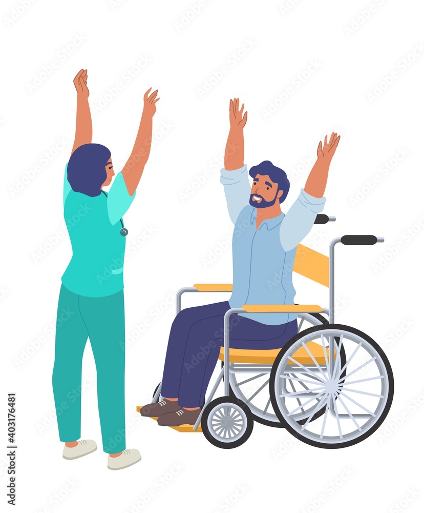 Rehabilitation center. Patient in wheelchair doing physical exercises ...