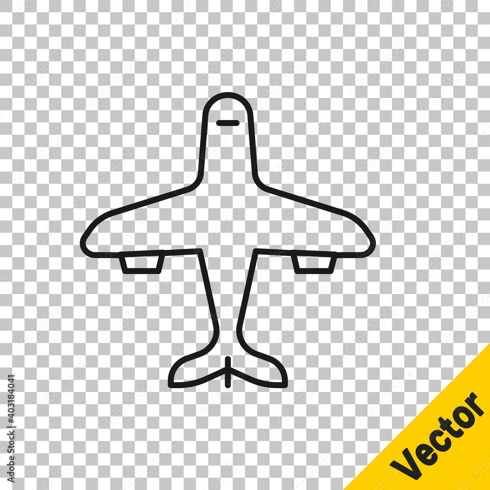 Black line Plane icon isolated on transparent background. Flying ...