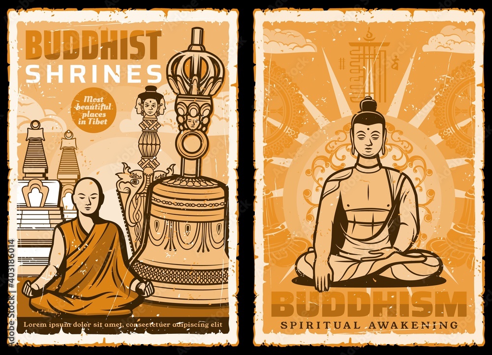 Buddhist shrines. Vector posters with Buddha and Tibet monk meditate ...