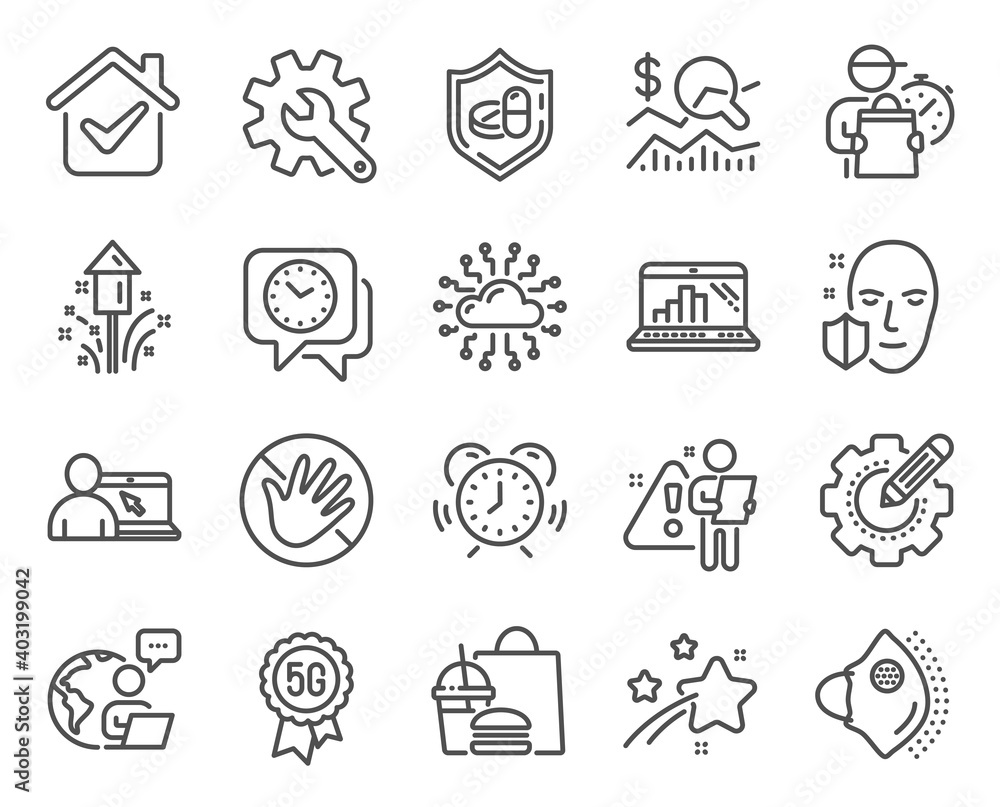 Science icons set. Included icon as Do not touch, 5g technology, Time ...