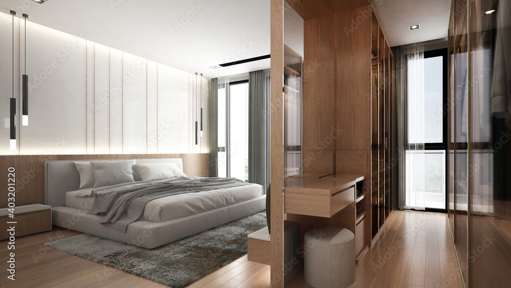 The modern cozy interior design of bedroom and closet area and wood ...