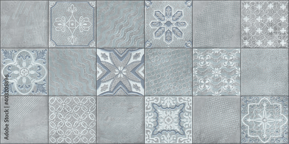 Digital colorful wall tile design. Retro pattern and cement texture ...