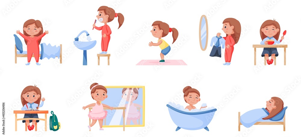 Happy child daily routine health and hygiene activity set. Cute girl ...