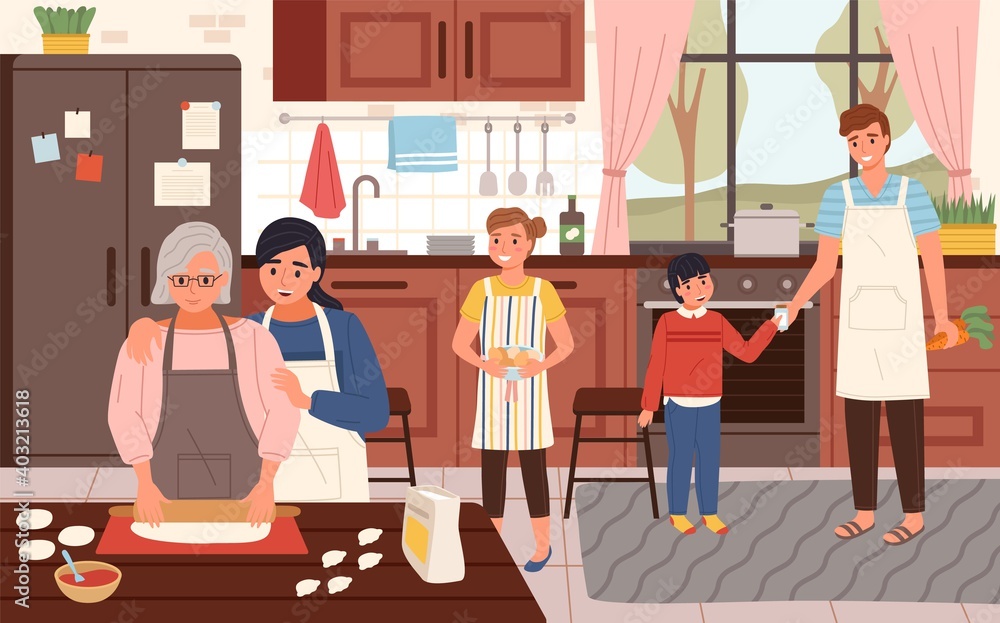 Big happy family cooking time. Parents, children and grandmother ...