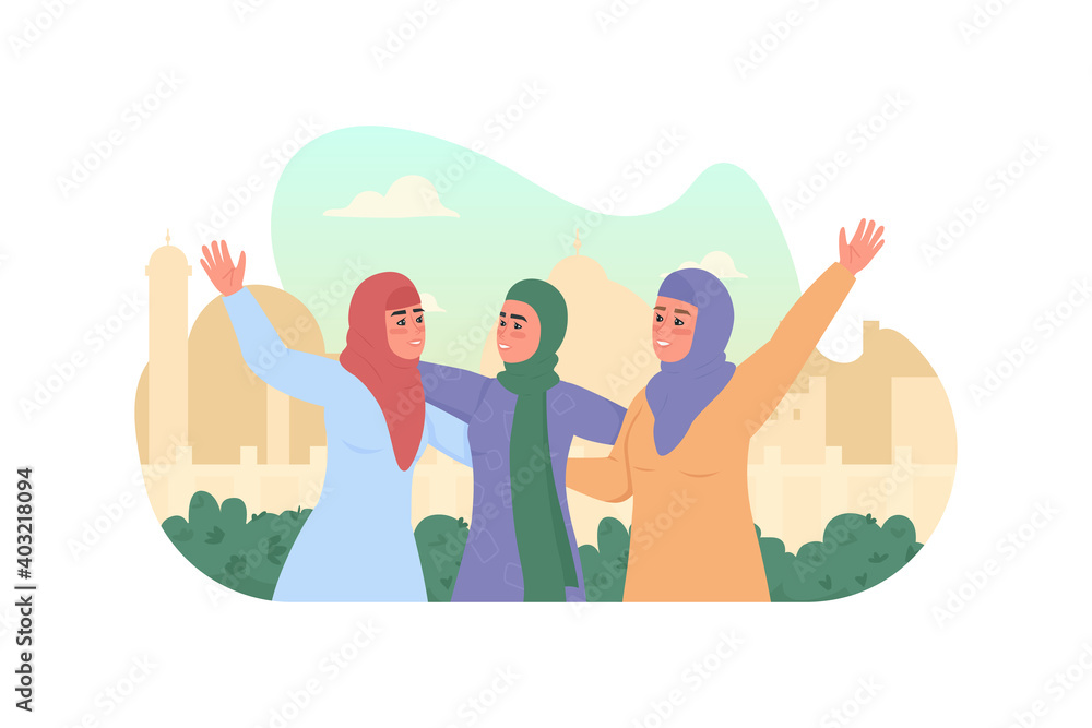 Happy arabian girls in hijabs 2D vector web banner, poster. Religious ...